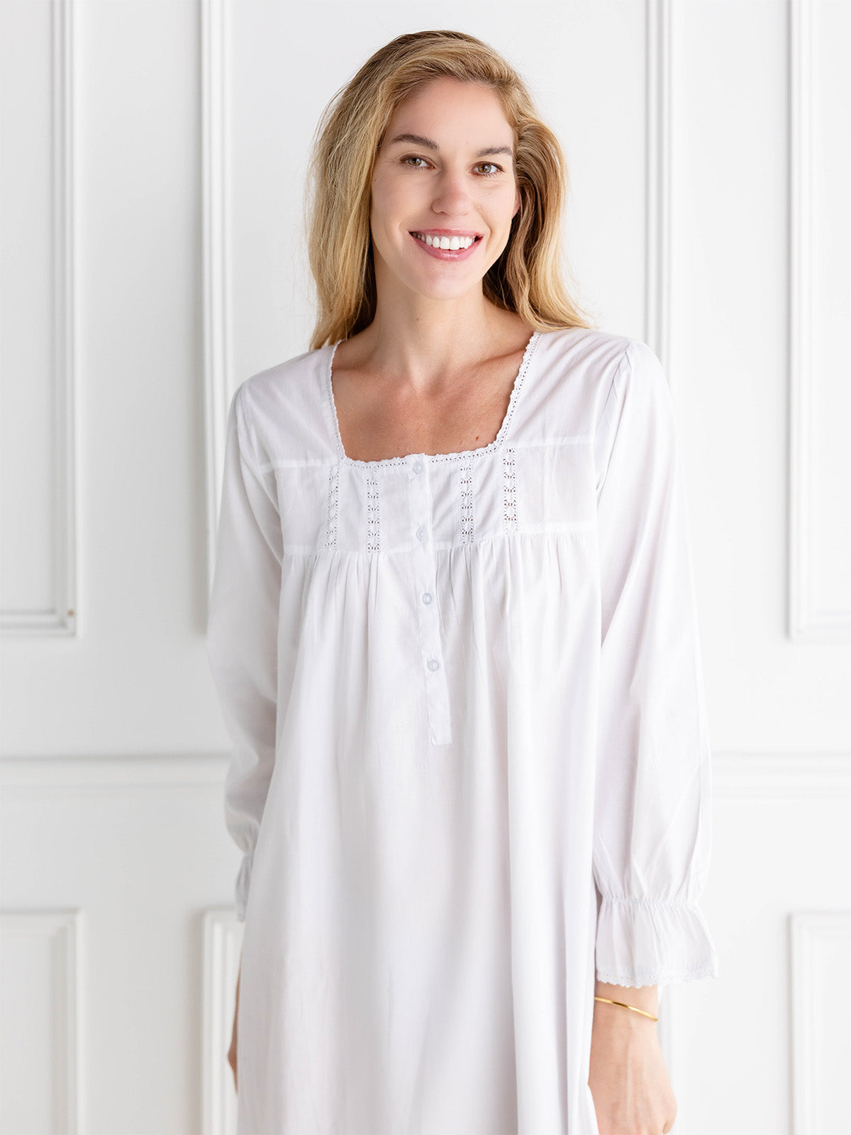 Tessa Nightgown - Long Sleeve, Square Neck with Lace Trim, Buttons ...