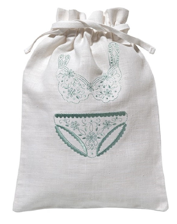 DN314-FBAQ Lingerie Bag, White Cotton/Linen - Flower Bikini (Aqua ...